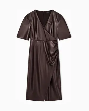 Armani Exchange Midi Dress In Coated Recycled Fabric With Rib Details - Brown