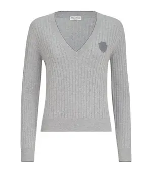 Brunello Cucinelli Cotton Ribbed V-neck Sweater - Grey