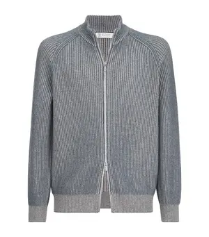 Brunello Cucinelli Cashmere Ribbed Zip-up Cardigan - Blue