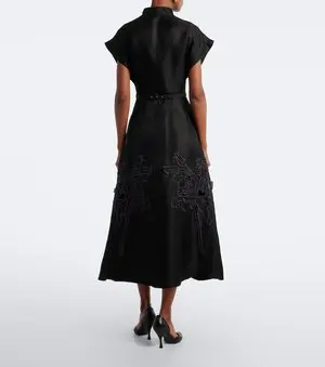 LEO LIN Aubrey Floral-appliqué Linen-blend Midi Dress