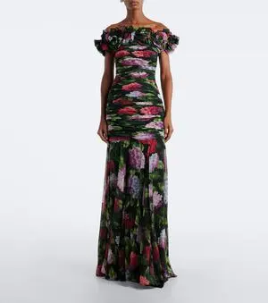Carolina Herrera Floral-applique Floral Draped Silk Gown
