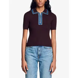 Sandro Contrast-collar Slim-fit Wool-blend Jumper
