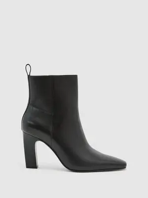 REISS Leather Chisel-toe Block-heel Ankle Boots - Black