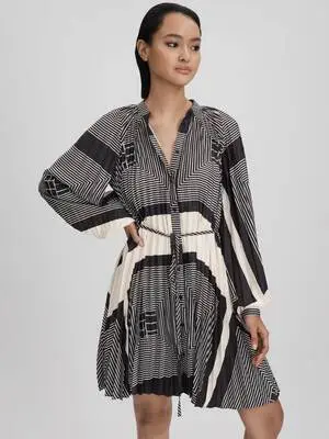 REISS Printed Pleated Mini Dress