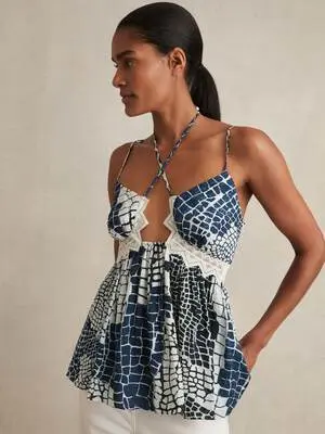 REISS Animal Print Lace Trim Cami Top - Blue