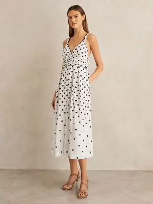 REISS Black & White Polka Dot Midi Dress - Black/white