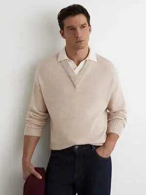 REISS Wool V-neck Contrast-collar Jumper - Oatmeal