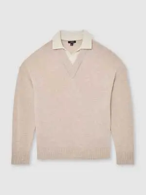 REISS Wool V-neck Contrast-collar Jumper - Oatmeal