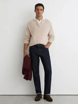 REISS Wool V-neck Contrast-collar Jumper - Oatmeal