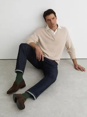 REISS Wool V-neck Contrast-collar Jumper - Oatmeal