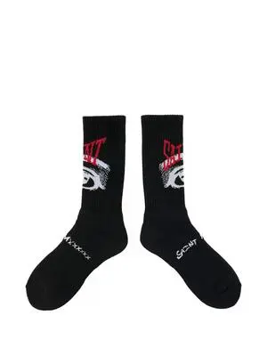 SAINT MXXXXXX Ribbed Crew Socks With Graphic Print - Black