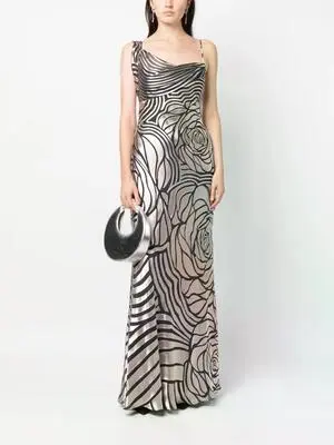 Alberta Ferretti Rose-print Asymmetric Sleeveless Gown