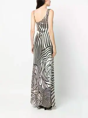 Alberta Ferretti Rose-print Asymmetric Sleeveless Gown