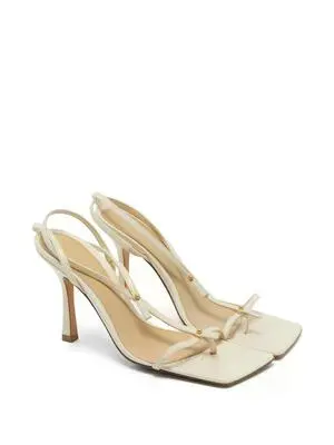 Bottega Veneta Cream Leather Square Toe T-strap Heeled Sandals
