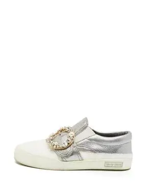 Miu Miu Crystal-embellished Metallic Leather Slip-on Sneakers - Silver
