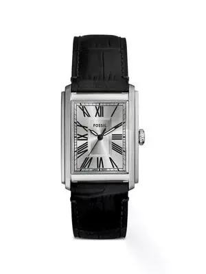 Fossil Carraway 30mm Rectangular Leather Strap Watch - Silver