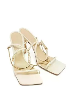 Bottega Veneta Cream Leather Square Toe Stiletto Sandals With Gold-tone Chain Detailing - Neutrals