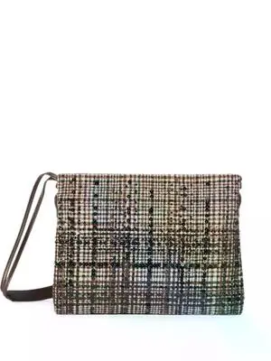 Brunello Cucinelli Pouch Bag In Water-resistant Checked Alpaca And Wool With Dazzling-degradé Embroidery - Brown