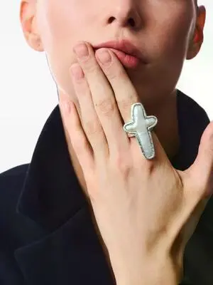 POISONED HEARTS Baroque Pearl Cross Ring - Silver