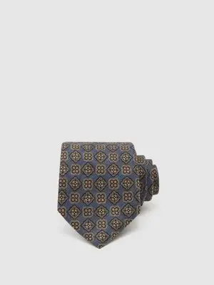 REISS Amico Silk Floral Medallion-Print Tie Blue