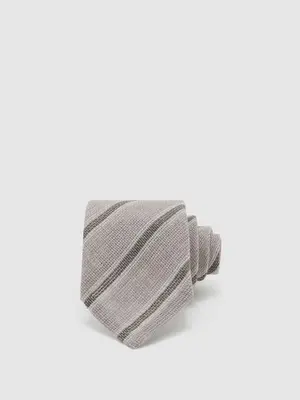 REISS Cucire Soft Grey Wool Striped Unlined Tie - Grey/brown