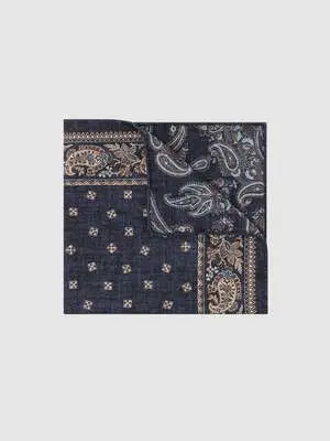 REISS Silk Square-medallion Paisley Pocket Square - Navy