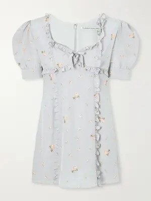 Alessandra Rich Floral-print Ruffle-trim Silk-crepe Mini Dress - Gray