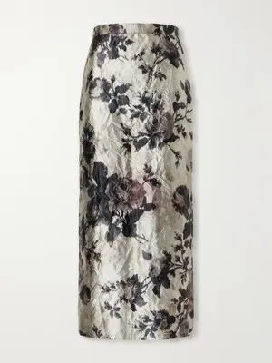 Erdem Floral-print Crinkle Satin Midi Skirt - Gray