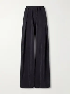 LA LIGNE Pleated Crinkle Satin Wide-leg Pants - Black
