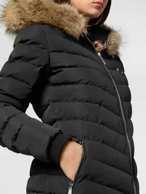 Philipp Plein Slim Fit Quilted Nylon Puffer Jacket With Hood And Fur Collar