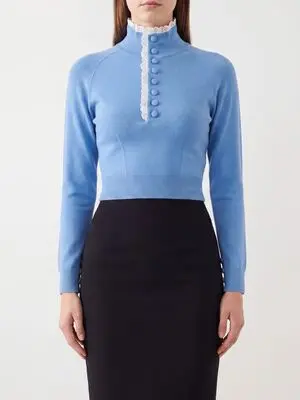 Chloé Cropped Slim Fit Wool Turtleneck With Ruffles And Embroidery