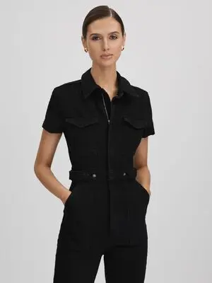 Good American Short Sleeve Utility Denim Jumpsuit