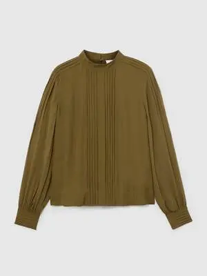 REISS Pintuck-detail Tie-back Blouse - Khaki Green