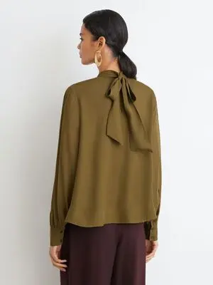 REISS Pintuck-detail Tie-back Blouse - Khaki Green