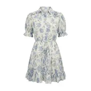 MODENAIRE Floral Print Shirt Dress With Ruffled Hem