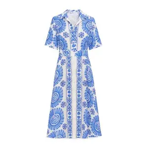 CASA ATELIER BY FERDINANDO FUSCO Linen Bali Print Shirt Dress - Blue