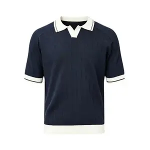VAYLA Open Collar Relaxed Fit Breathable Polo Shirt In Navy & Cream - Blue