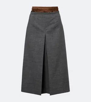 Prada Layered Pleated Wool Midi Skirt - Grey