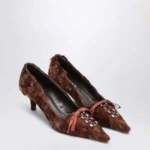 Prada Coffee Satin Pumps Decorated With Feathers
