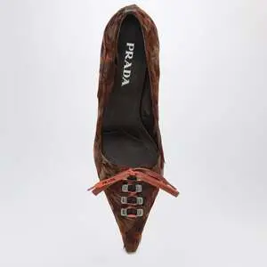 Prada Coffee Satin Pumps Decorated With Feathers