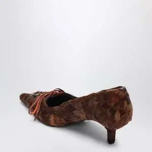 Prada Coffee Satin Pumps Decorated With Feathers