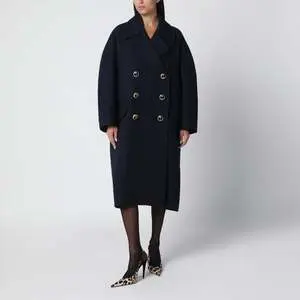 Balenciaga Long Navy Textured Wool Pea Coat