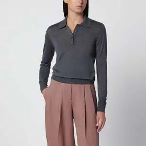 GOLDEN GOOSE Anthracite Virgin Wool Long-sleeved Polo Shirt