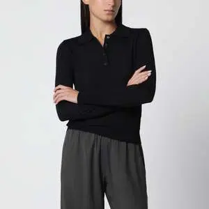 GOLDEN GOOSE Virgin Wool Long-sleeved Polo Shirt - Black