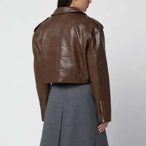 THE FRANKIE SHOP Cropped Faux Leather Biker Jacket - Brown