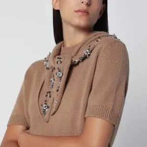 Prada Camel Cashmere Sweater With Jewel Scarf