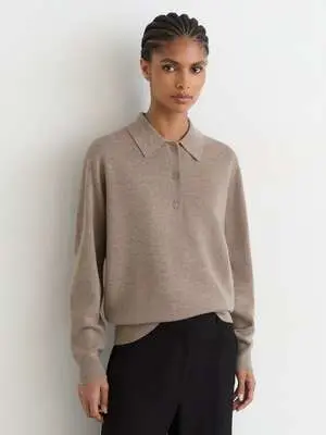 REISS Merino Wool Knitted Polo Jumper - Neutral