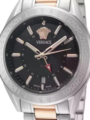 Versace Greca Gmt Stainless Steel And Two-tone Link Bracelet Watch - Black