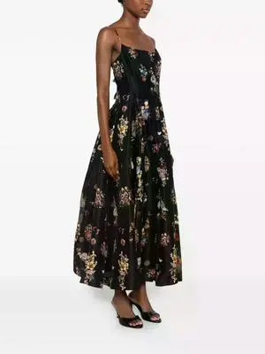 Camilla Floral Print Crystal Embellished Midi Dress - Black