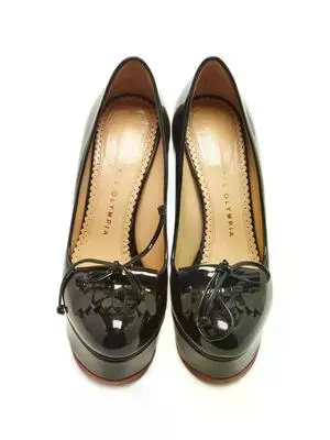 CHARLOTTE OLYMPIA Patent Leather Platform Pumps With Fringe And Bow Detail
